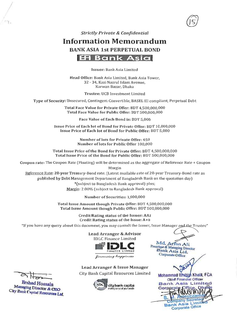 Information Memorandum For Bank Asia 1st Perpetual Bond | PDF