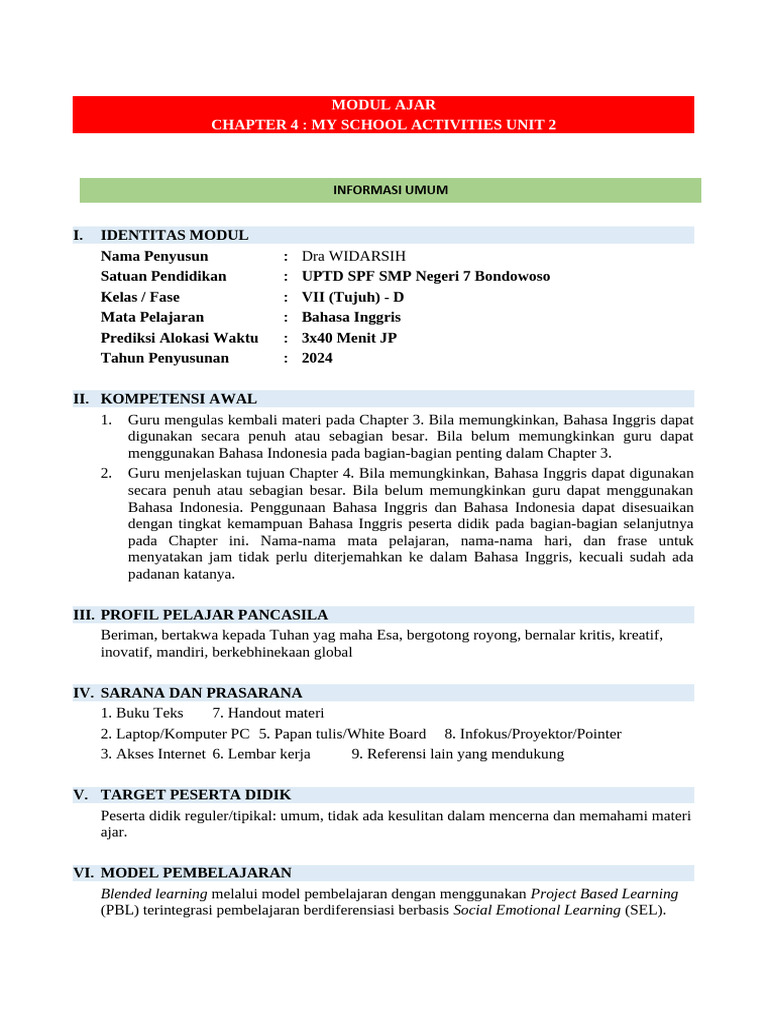 Modul Ajar Chapter 4: My School Activities Unit 2: Informasi Umum | PDF | Linguistics | Human ...