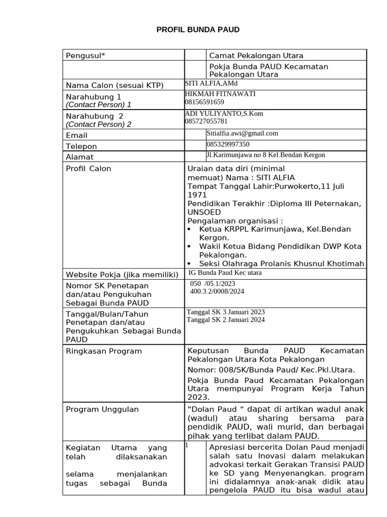Profil Bunda Paud Utara | PDF