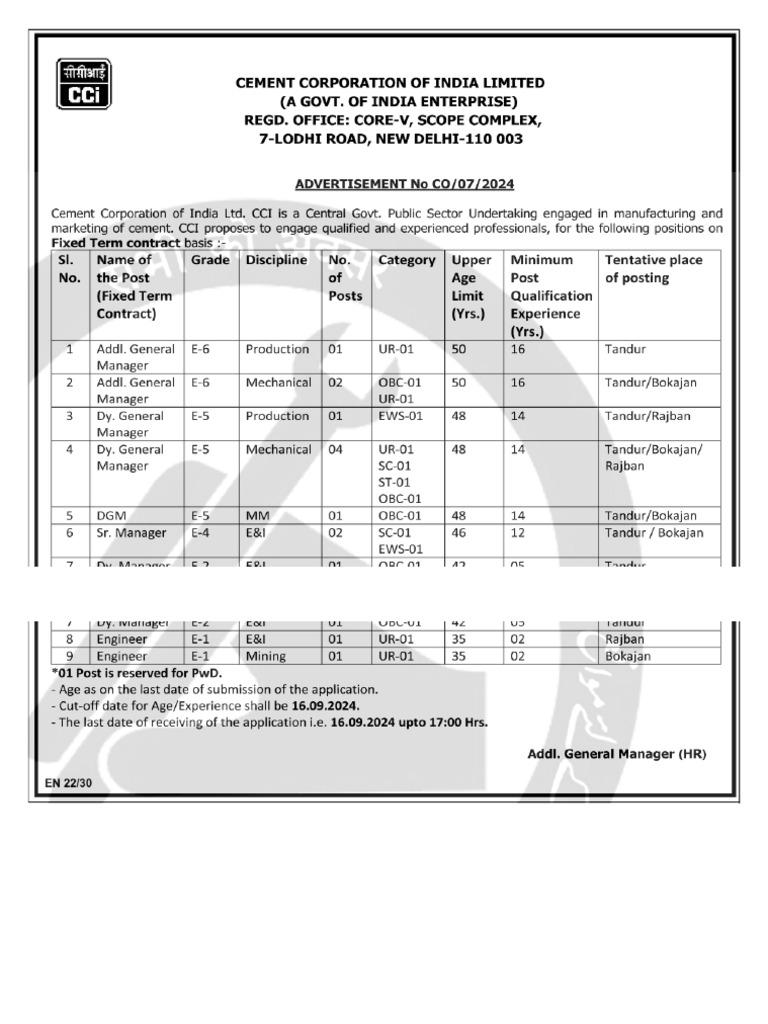 CEMENT CORPORATION OF INDIA LIMITED (CCIL) Job 2 | PDF