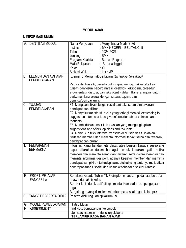 Modul Ajar Suggestion and Offer Kelas XI | PDF | Human Communication | Career & Growth