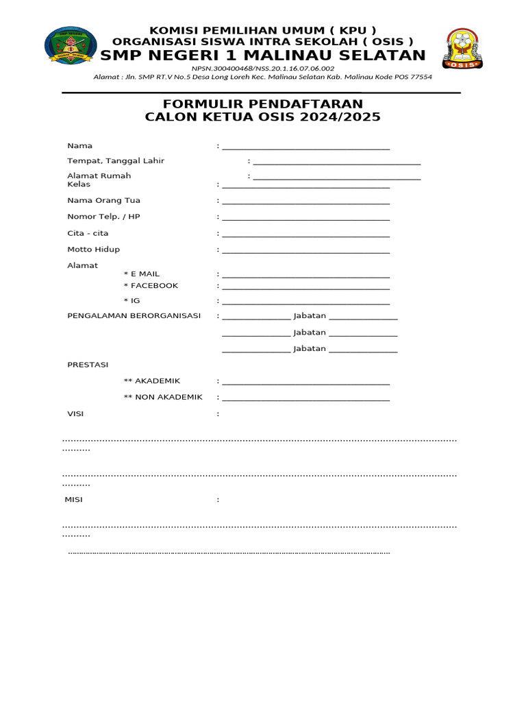 Formulir Pendaftaran Ketua Osis | PDF