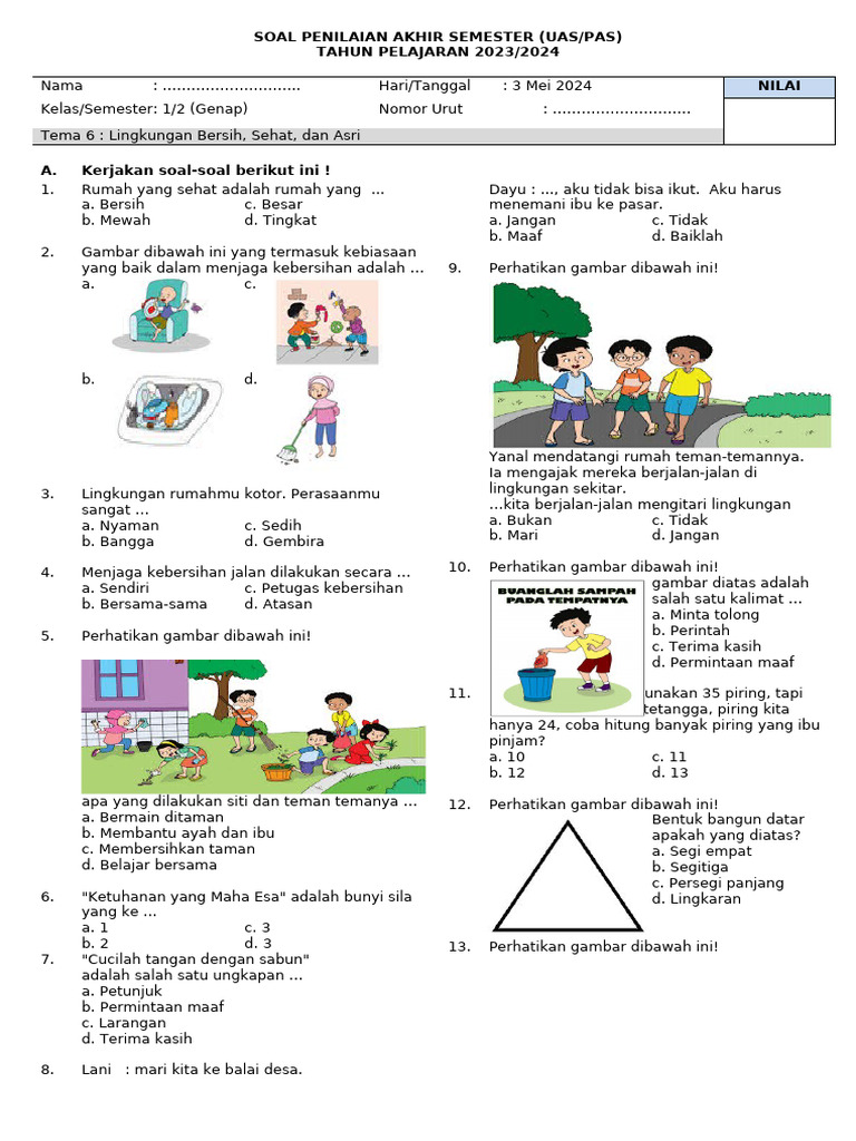 Soal PAS Kelas 1 Tema 6 EDIT | PDF