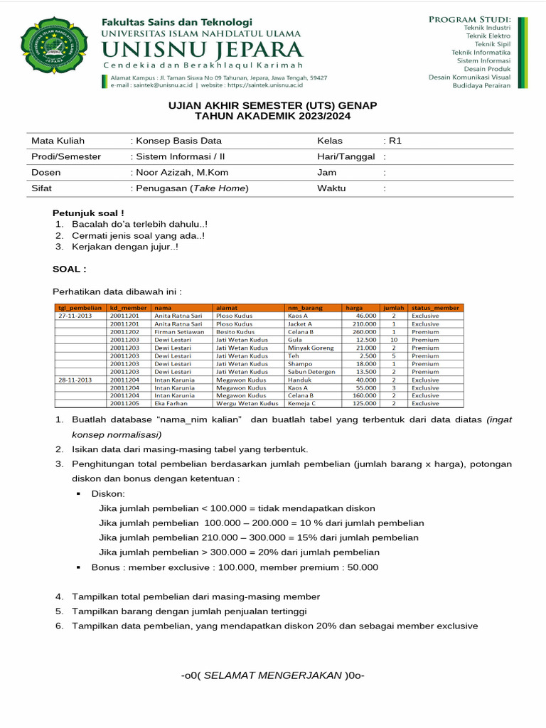 Soal UAS Konsep Basis Data - Genap 2023 | PDF