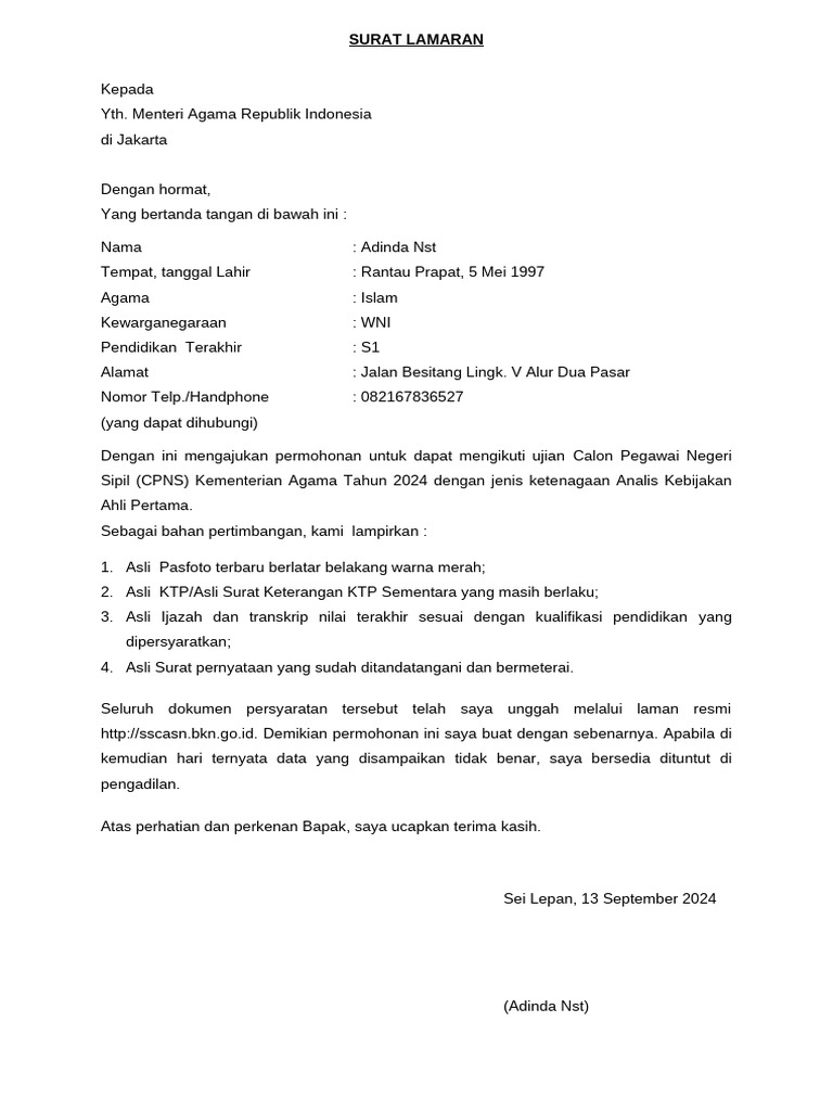 Surat Lamaran Adinda NST | PDF