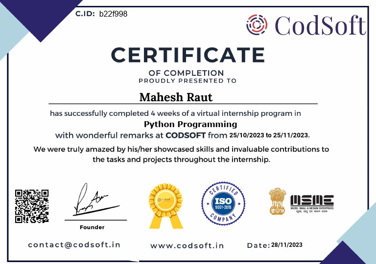 CodSoft Internship Certificate PDF | PDF