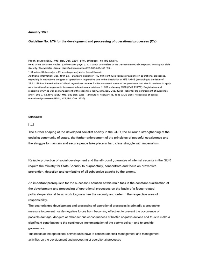 Richtlinie-1-76 - Ov - De.english Translated | PDF | Information | Stasi