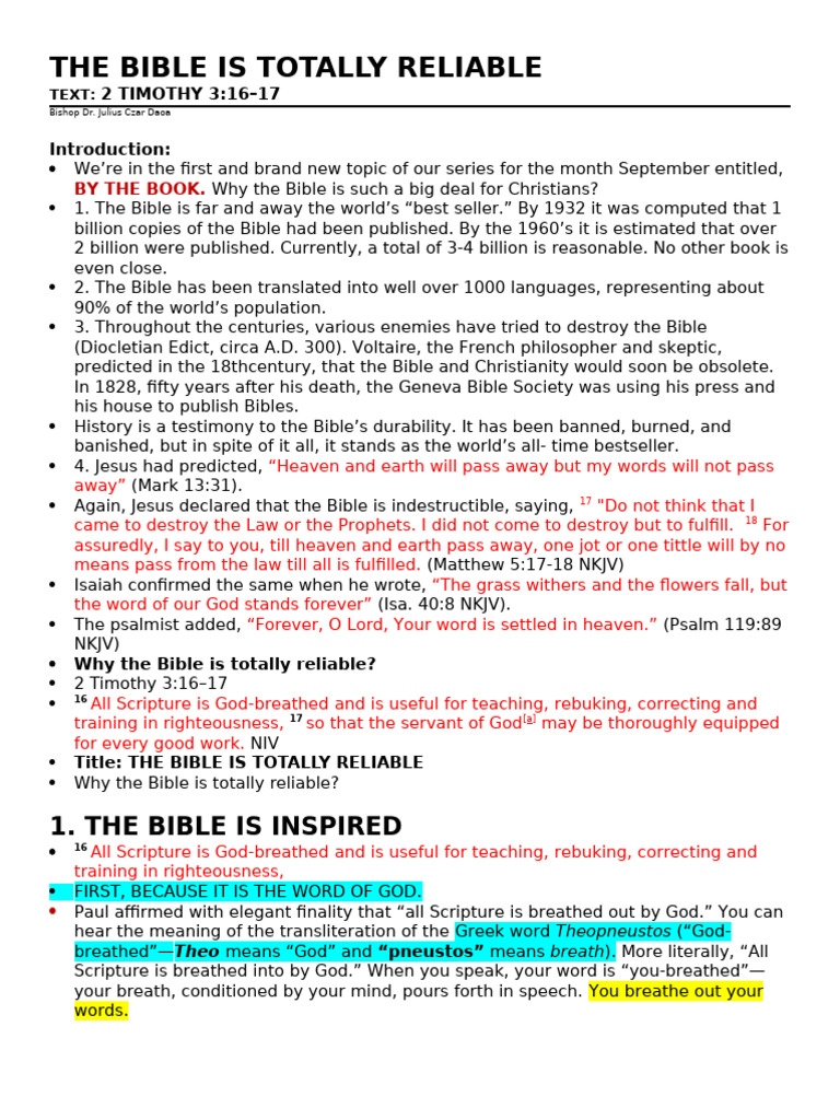 By The Book 1 THE BIBLE IS TOTALLY RELIABLE 1 | PDF