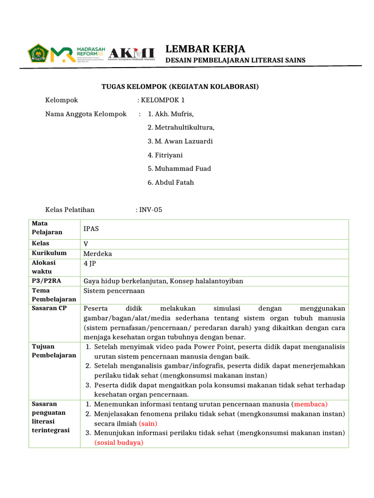 KEL 1 - LK Skenario Desain Pembelajaran Literasi Integrasi | PDF