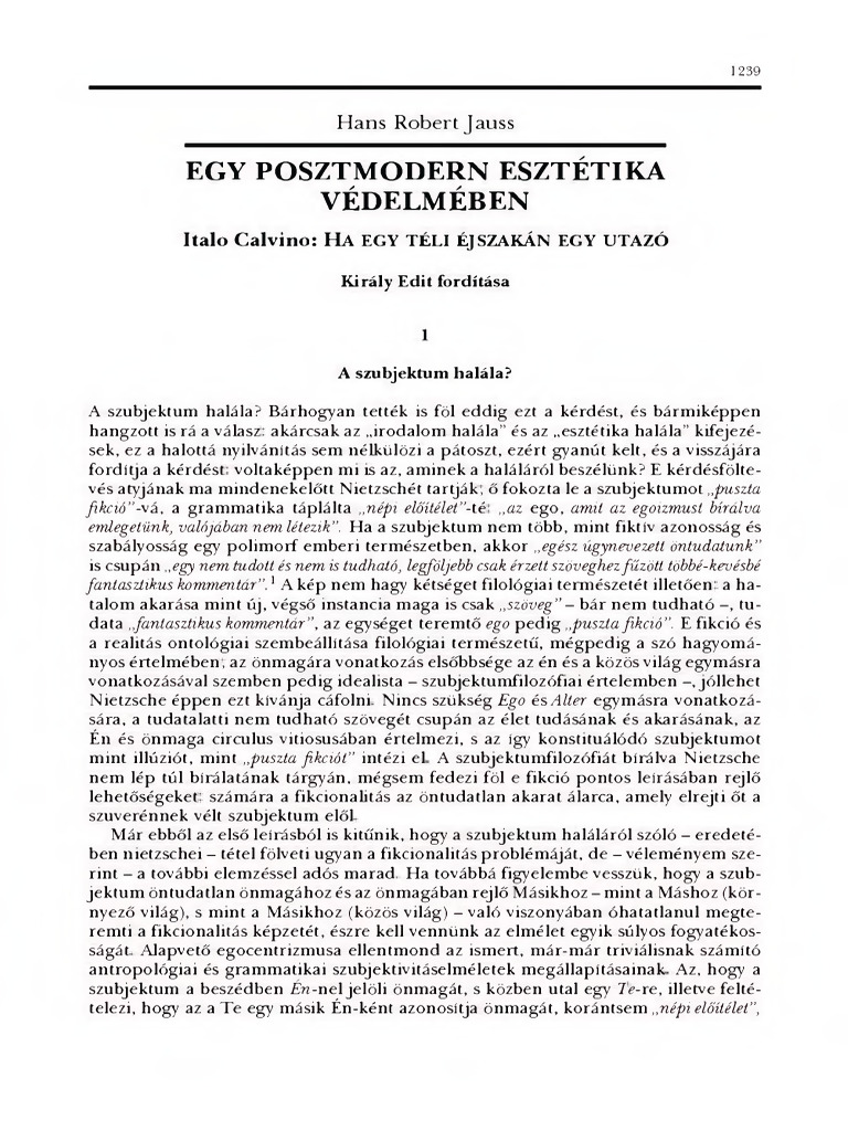 Jauss Egy Posztmodern Esztétika Védelmében | PDF