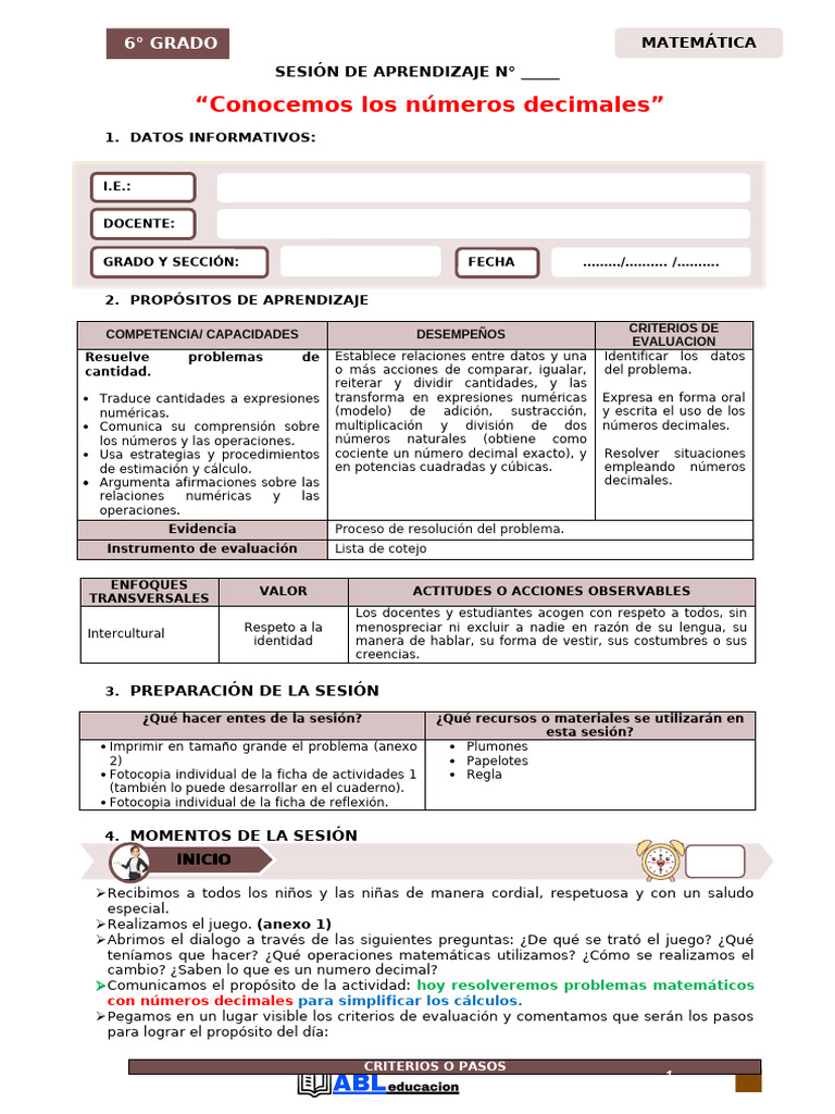 Dia 5 - 6to Grado Sesion Matematica | PDF