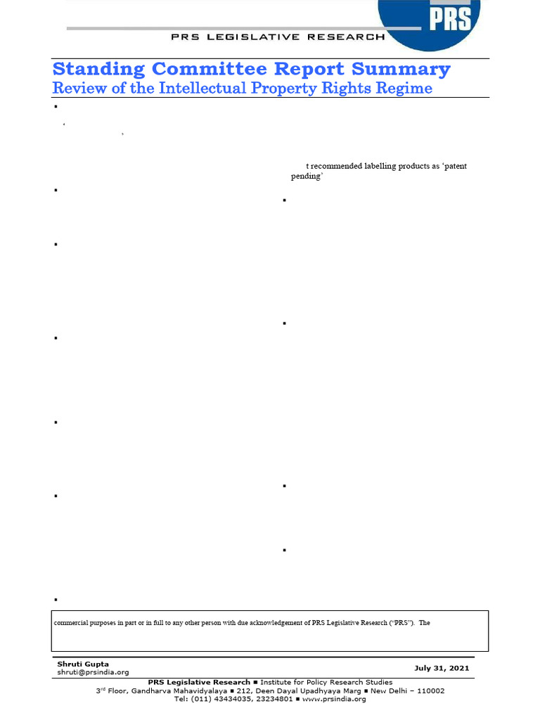 Report Summary - IPR Regime | PDF