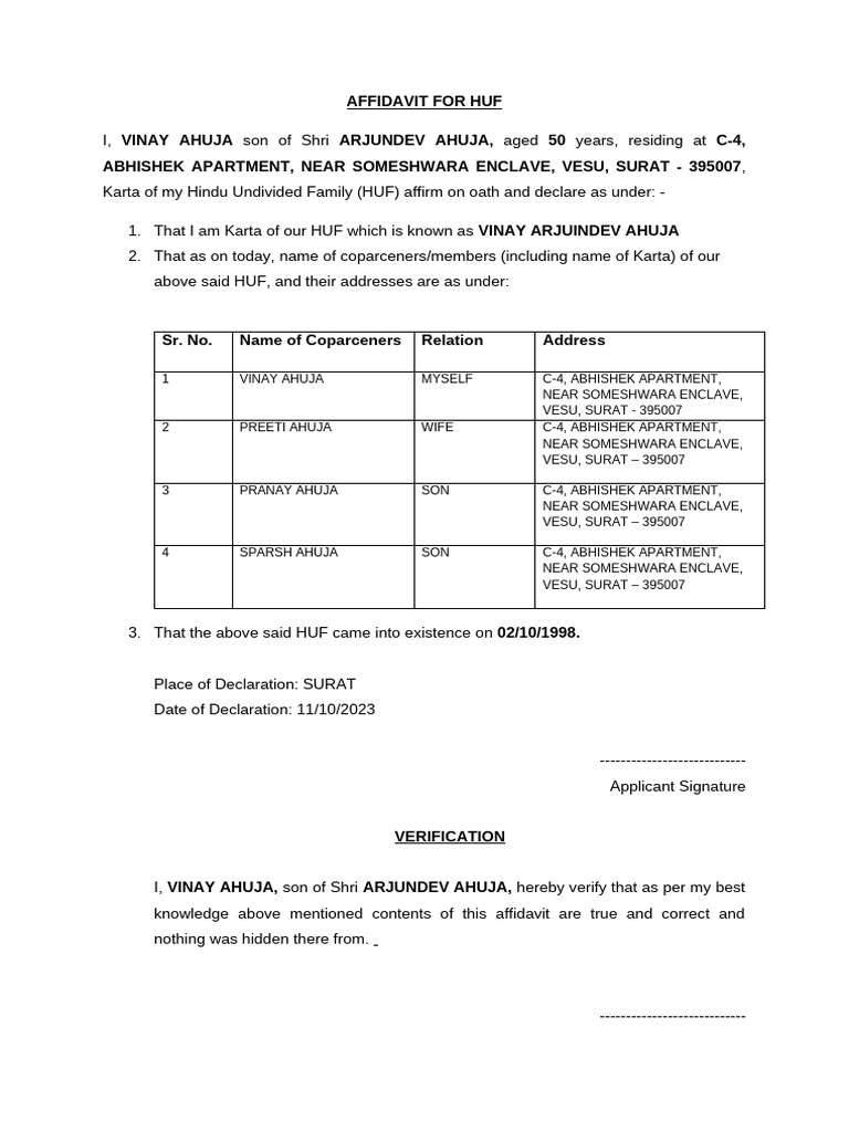 Affidavit For Huf Vinay Ahuja | PDF