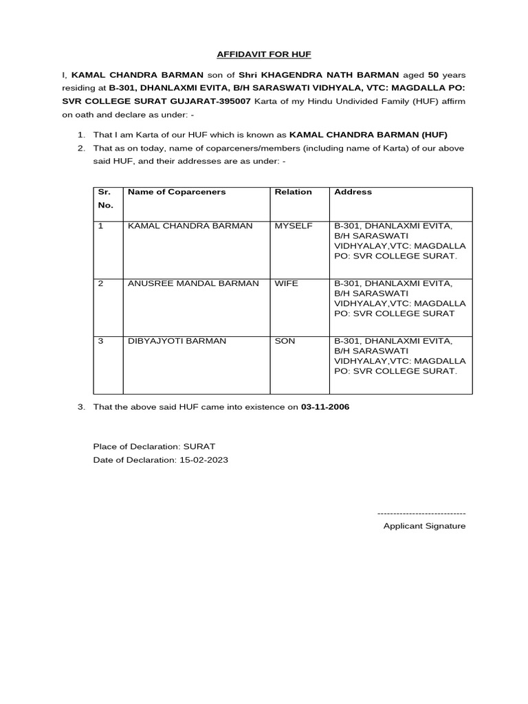 AFFIDAVIT FOR HUf KAMAL BARMAN | PDF