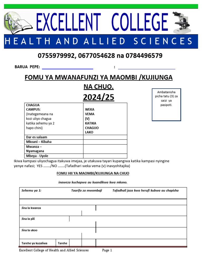 Fomu Ya Kujiunga Chuo Cha Afya Excellent 2024.2025 | PDF