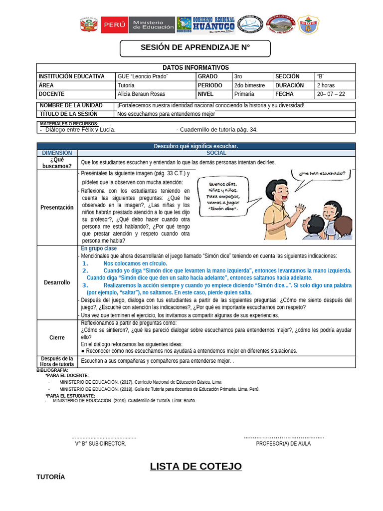 SESIÓN DE APRENDIZAJE - Tutoría - Nos Escuchamos para Entendernos Mejor | PDF