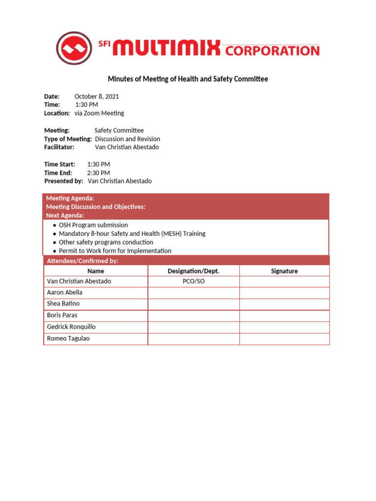 Safety - Minutes of Meeting FORMAT - SFIMM | PDF