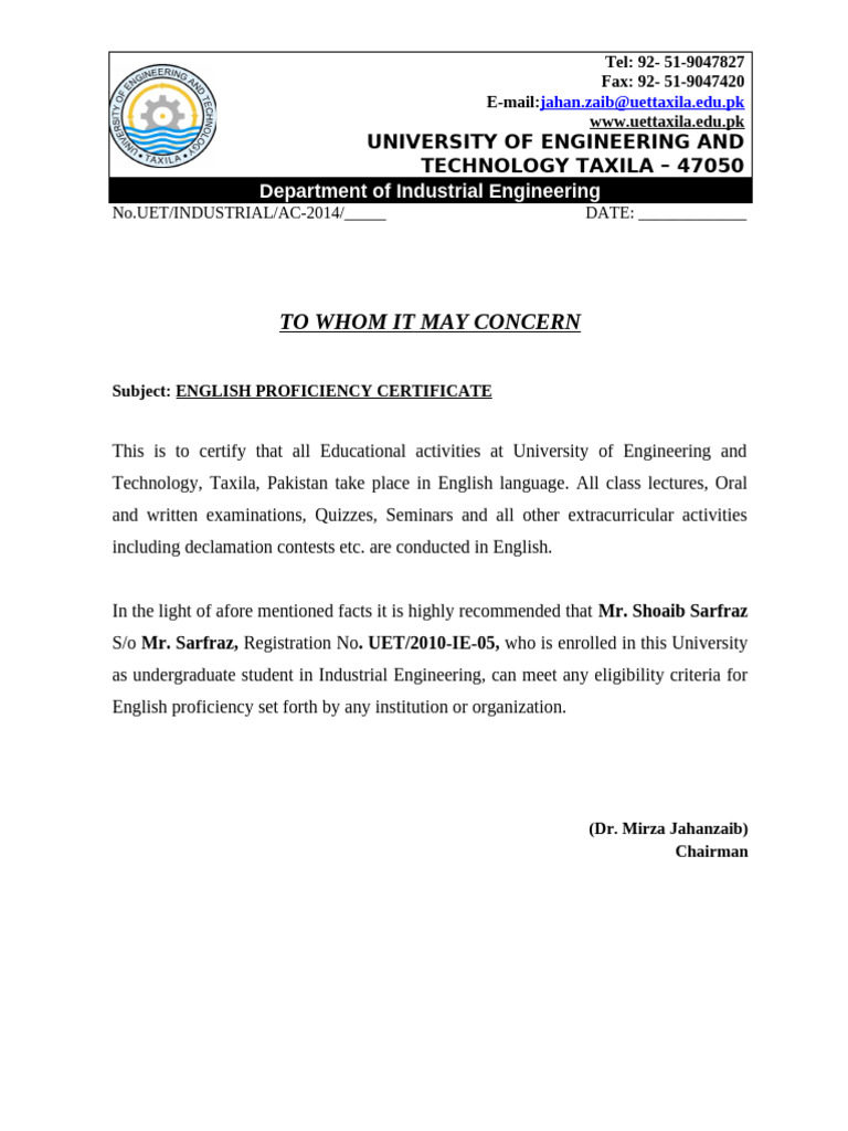 English Proficiency Letter | PDF