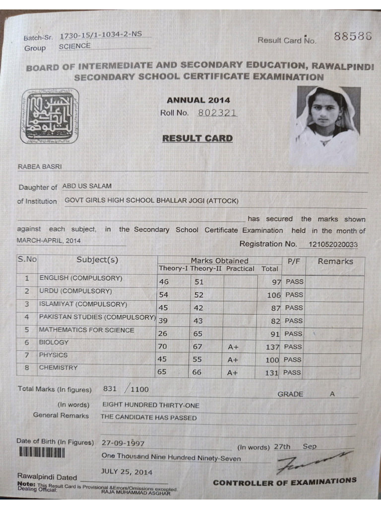 Matric Result Card | PDF