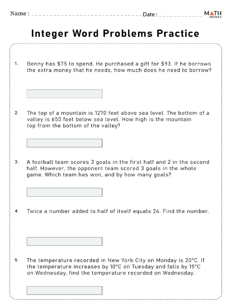 Free Integer Word Problems Worksheet | PDF