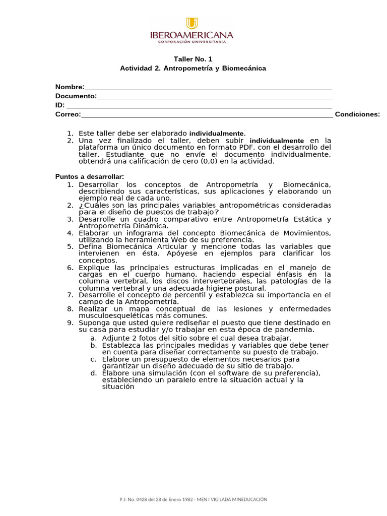 Taller Unidad 1 Antropometria Biomecanica Pdf