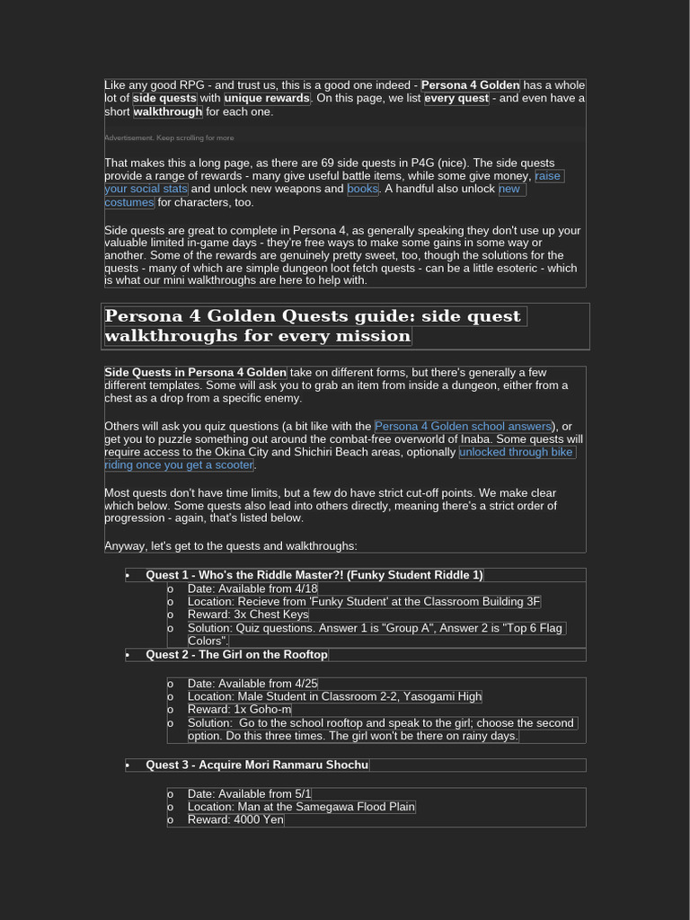 Persona 4 Golden Quests | PDF