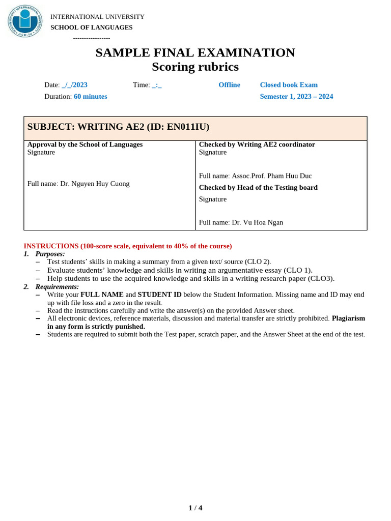 AE2 Writing Final Sample Test (Since 2324S2) - Scoring Rubrics | PDF