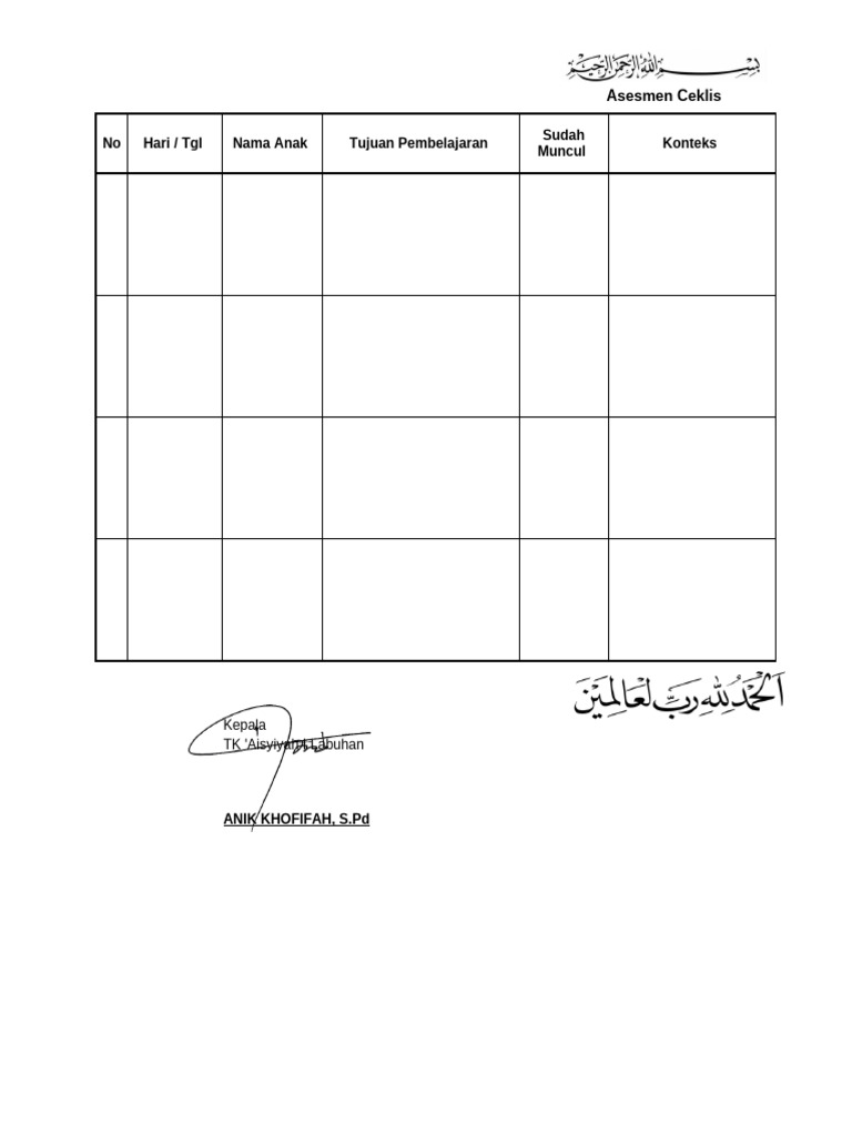 Asesmen Ceklis dan Foto Anak TK | PDF