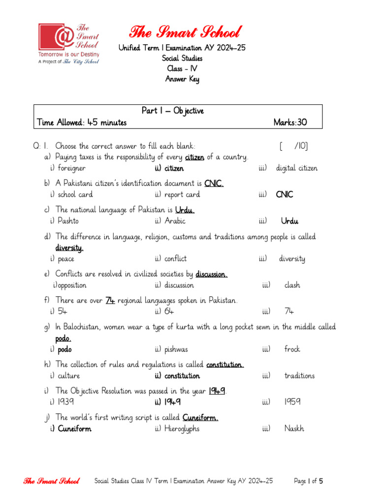 SST Class IV Term I Examination Answer Key AY 2024-25 | PDF