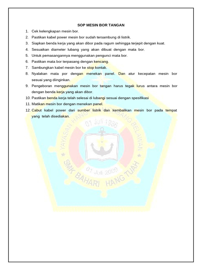 Sop Mesin Bor Tangan | PDF