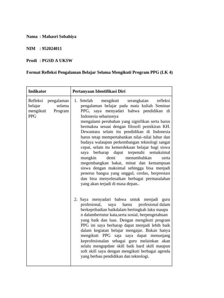LK4-Format Refleksi Pengalaman Belajar Selama Mengikuti Program PPG | PDF