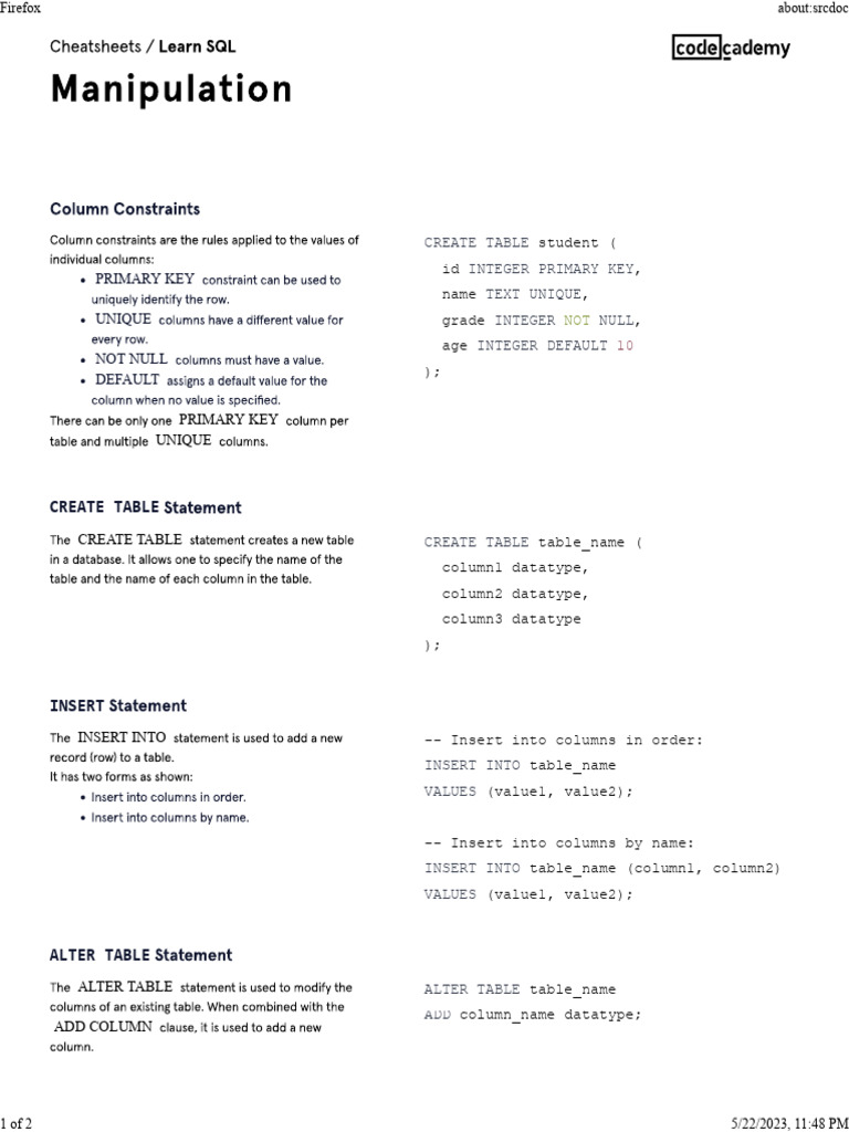 SQL Cheetsheet | PDF