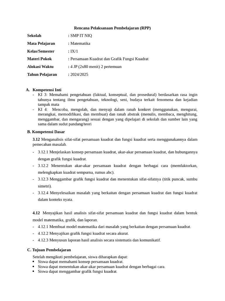 RPP MTK KELAS IX Per.5 Dan 6 | PDF
