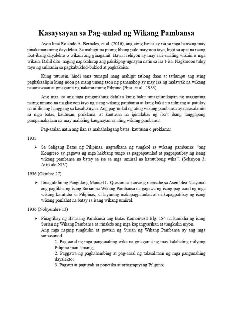 Kasaysayan ng Pag unlad ng Wikang Pambansa | PDF Kasaysayan ng Pag unlad ng Wikang Pambansa | PDF