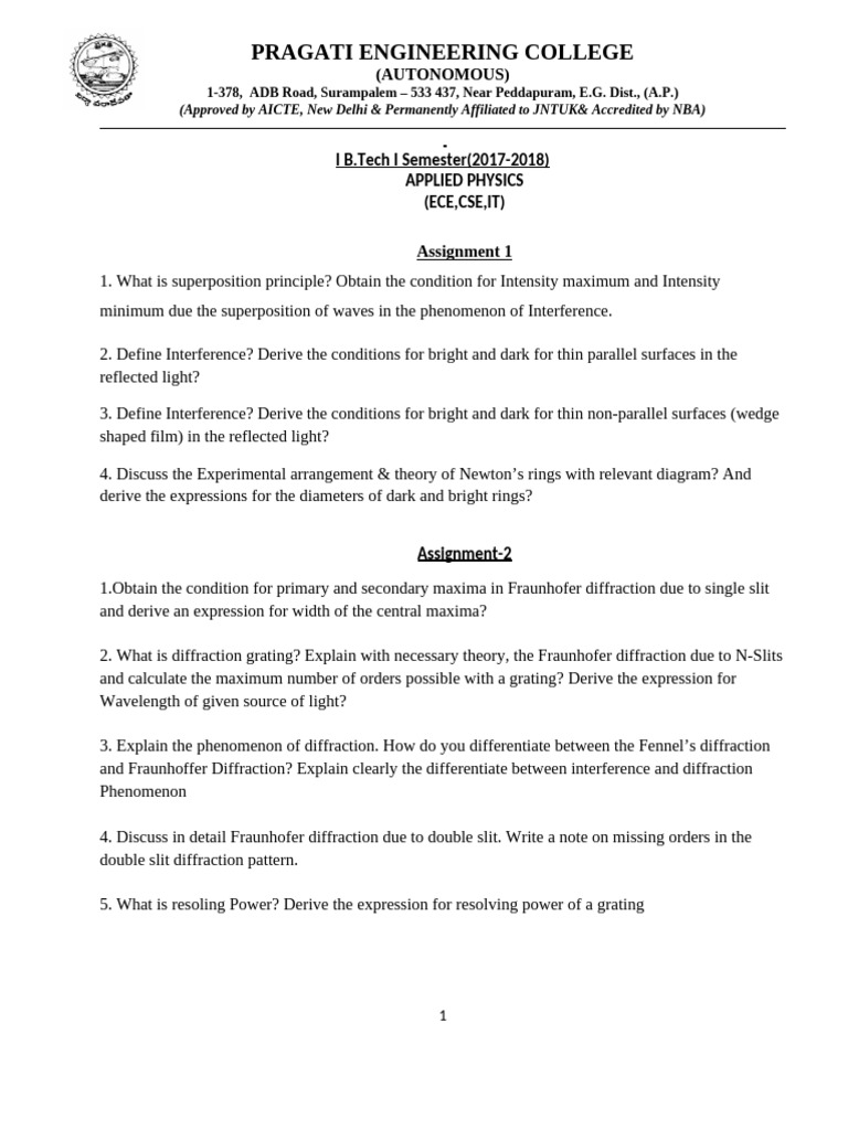 Assignments Phy | PDF | Diffraction | Teaching Methods & Materials