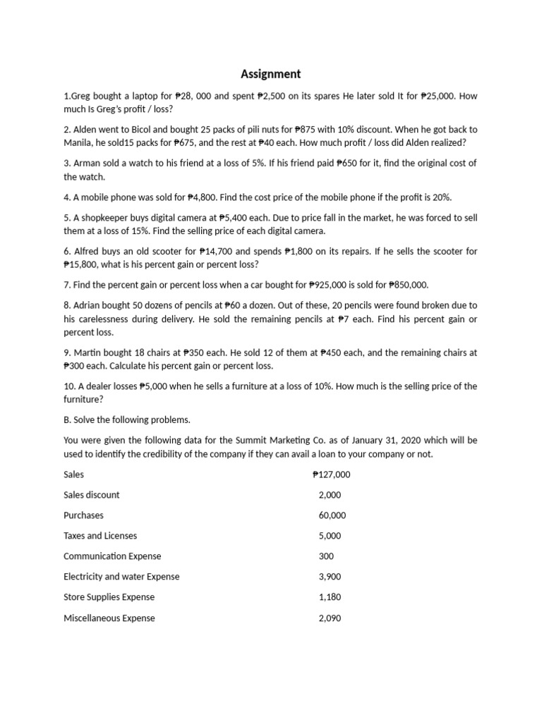 Assignment Business Math - Profit and Loss | PDF