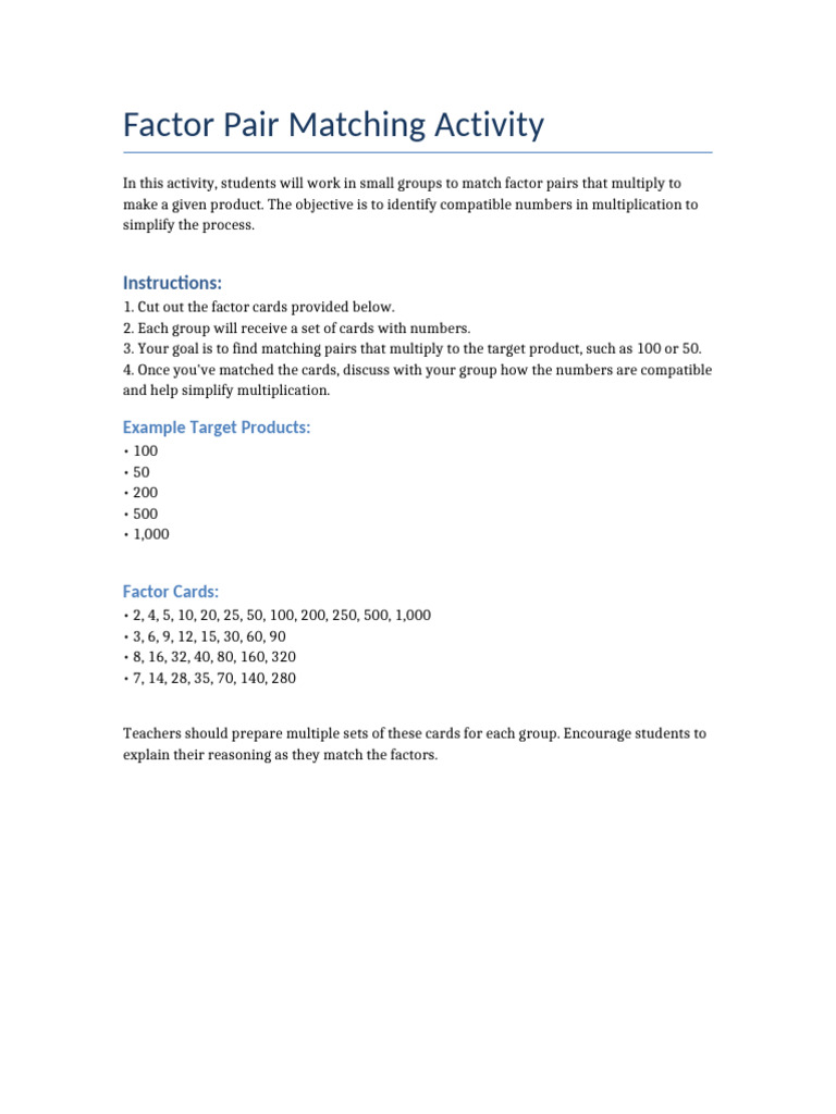 Factor Pair Matching Activity Expanded | PDF