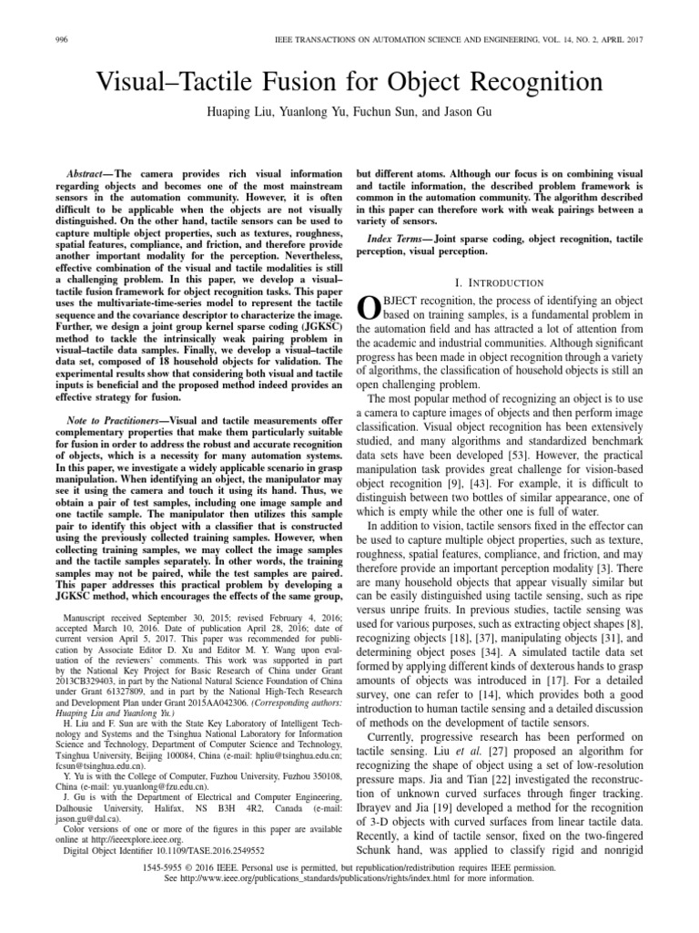 VisualTactile Fusion For Object Recognition | PDF
