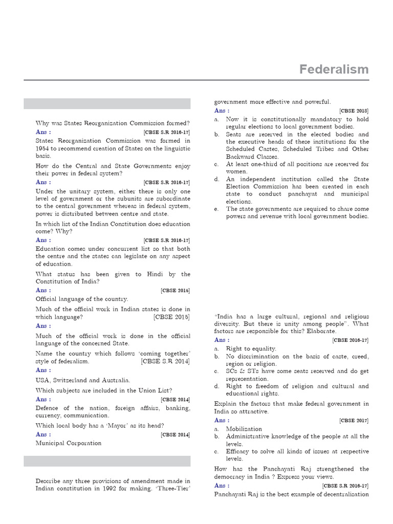 Federalism Class 10 PYQs | PDF