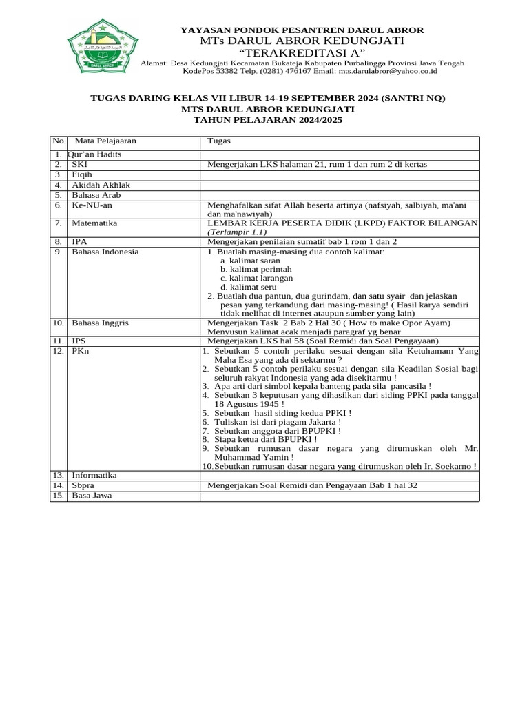TUGAS DARING Kelas VII 14-19 Sept 2024 (Santri NQ) | PDF