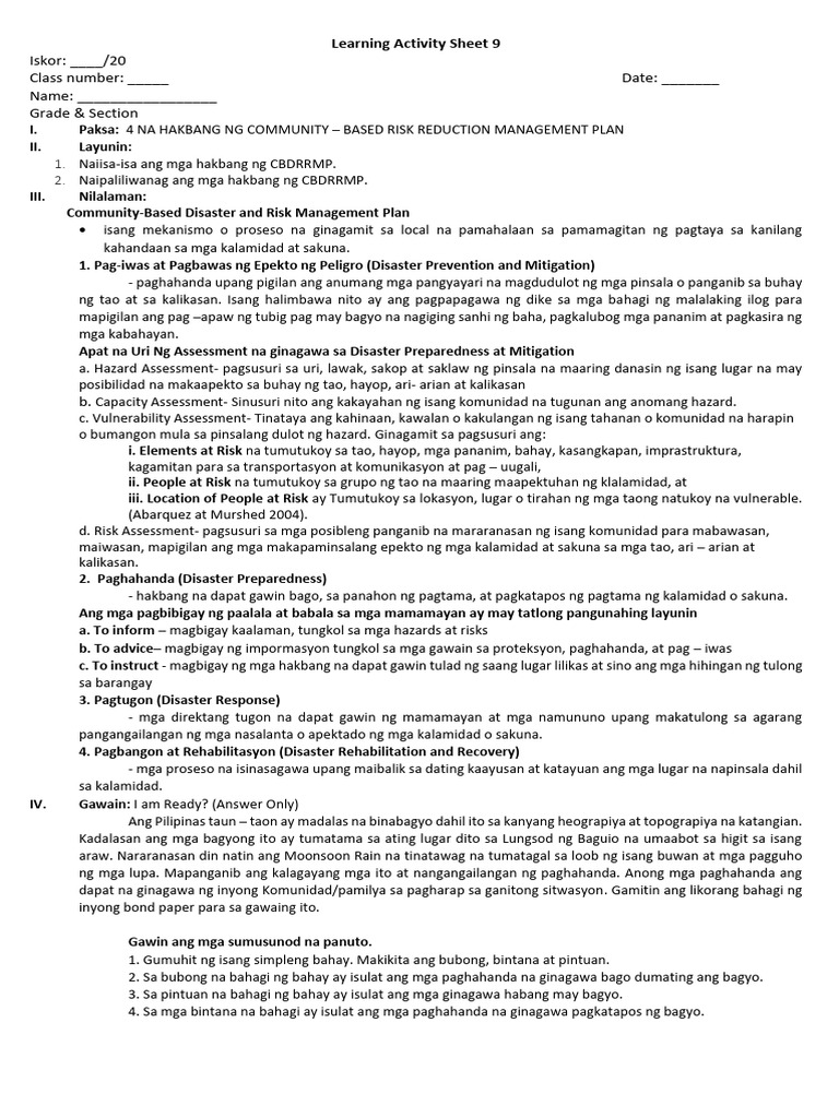 Q1 LAS 9 Hakbang NG CBDRRM Plan | PDF