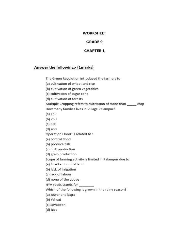 HHW Worksheet Grade 9 | PDF