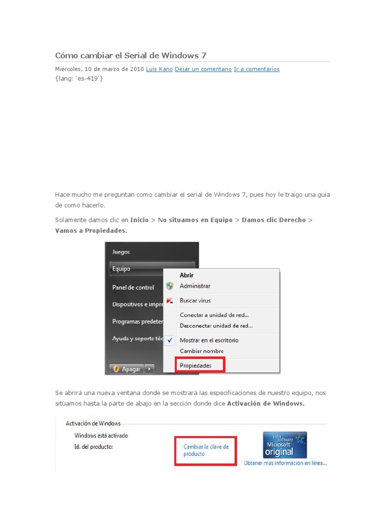 Cómo Cambiar El Serial de Windows 7 | PDF | Windows 7 | Microsoft Windows