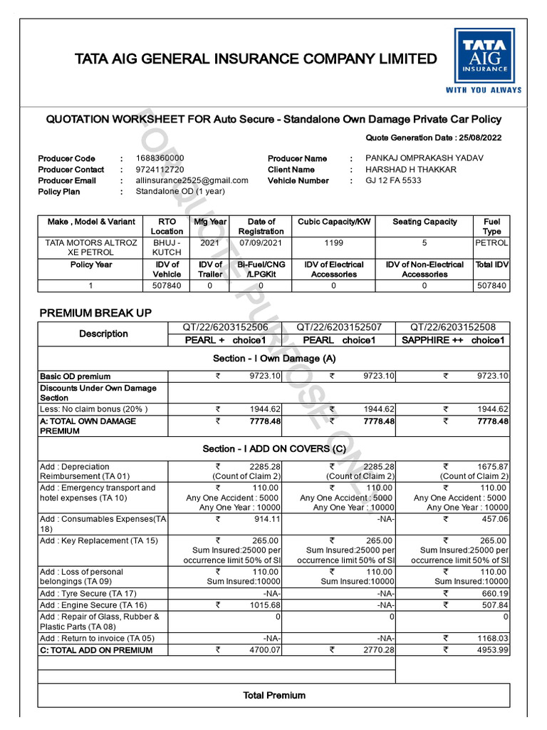 Tata AIG Motor Premium Quote - 3184 - QT - 22 - 6203152506 - QT - 22 ...