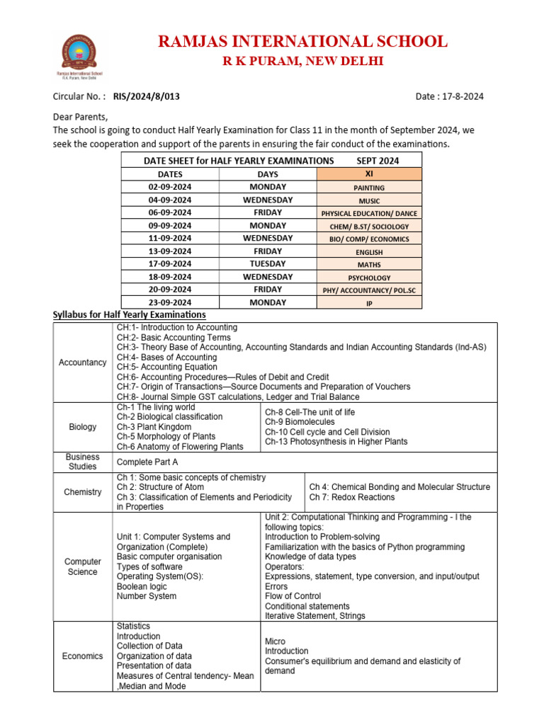 Class 11 - Half Yearly Exam Datesheet | PDF