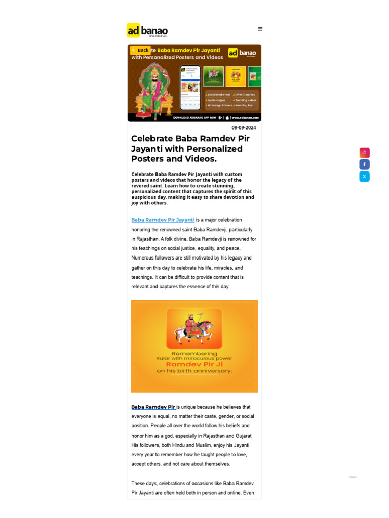 Celebrate Baba Ramdev Pir Jayanti With Personalized Posters and Videos ...