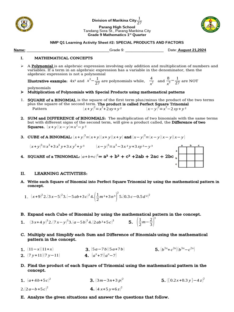 LAS2 NMP Q1 Math9 Special Products and Factors | PDF | Polynomial | God ...