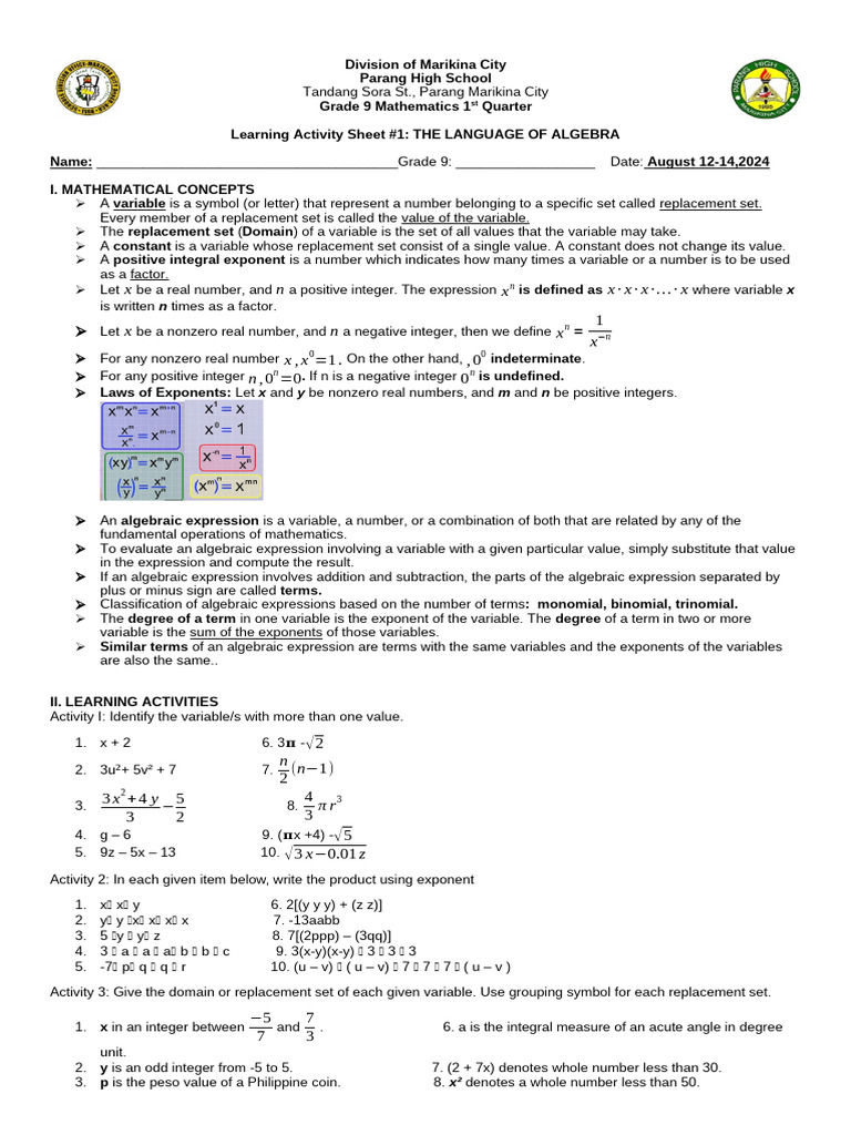LAS NMP Math 9 Q1 The Language of Algebra | PDF | Numbers | Exponentiation