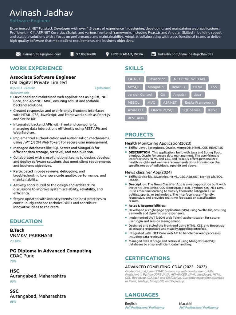 Avinash Jadhav - .Net Developer | PDF | Microsoft Sql Server | Business