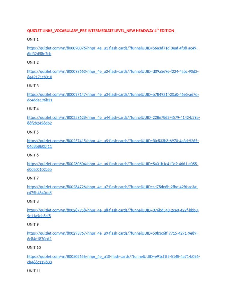 QUIZLET LINKS - Pre Inter | PDF